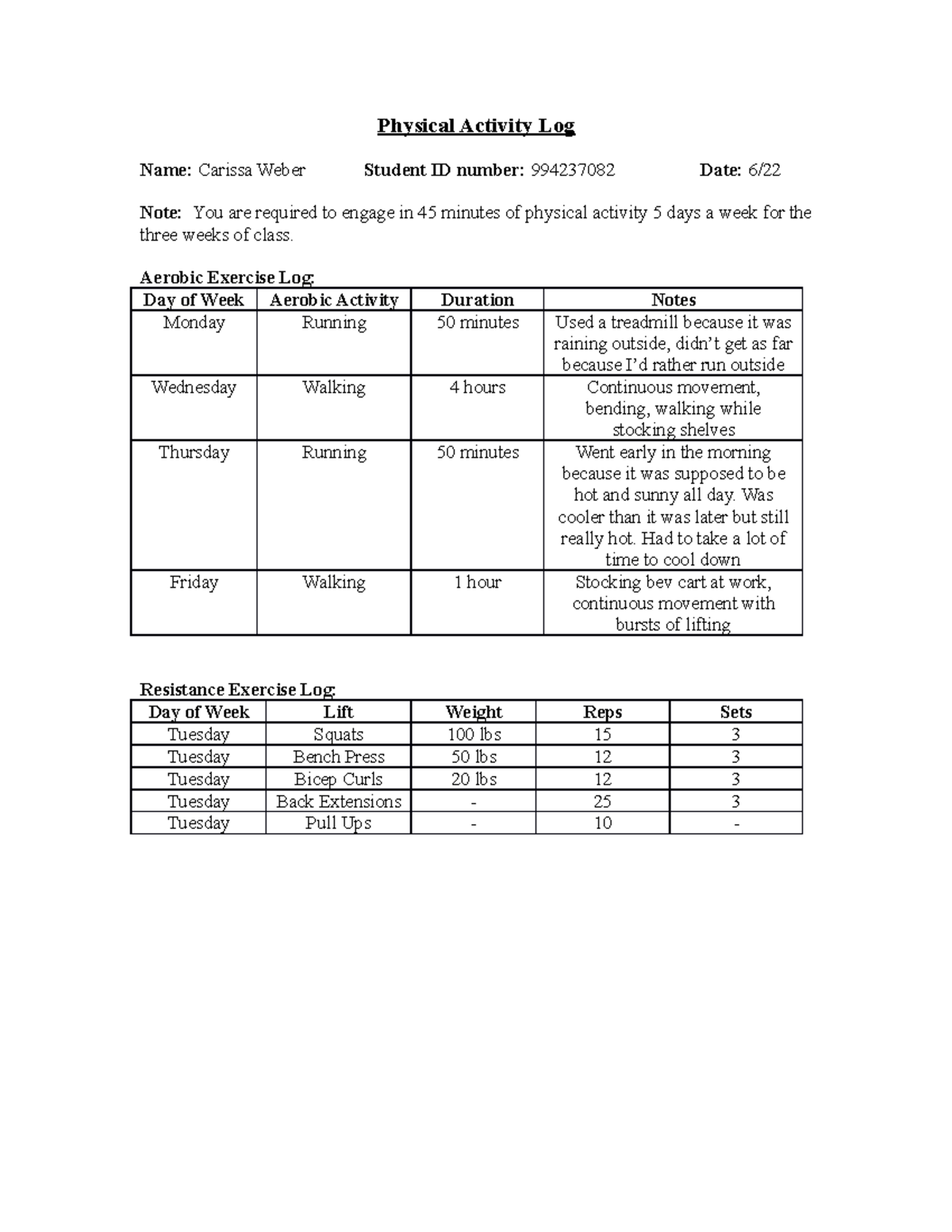 Activity Log Week 1 - online summer version - Physical Activity Log ...