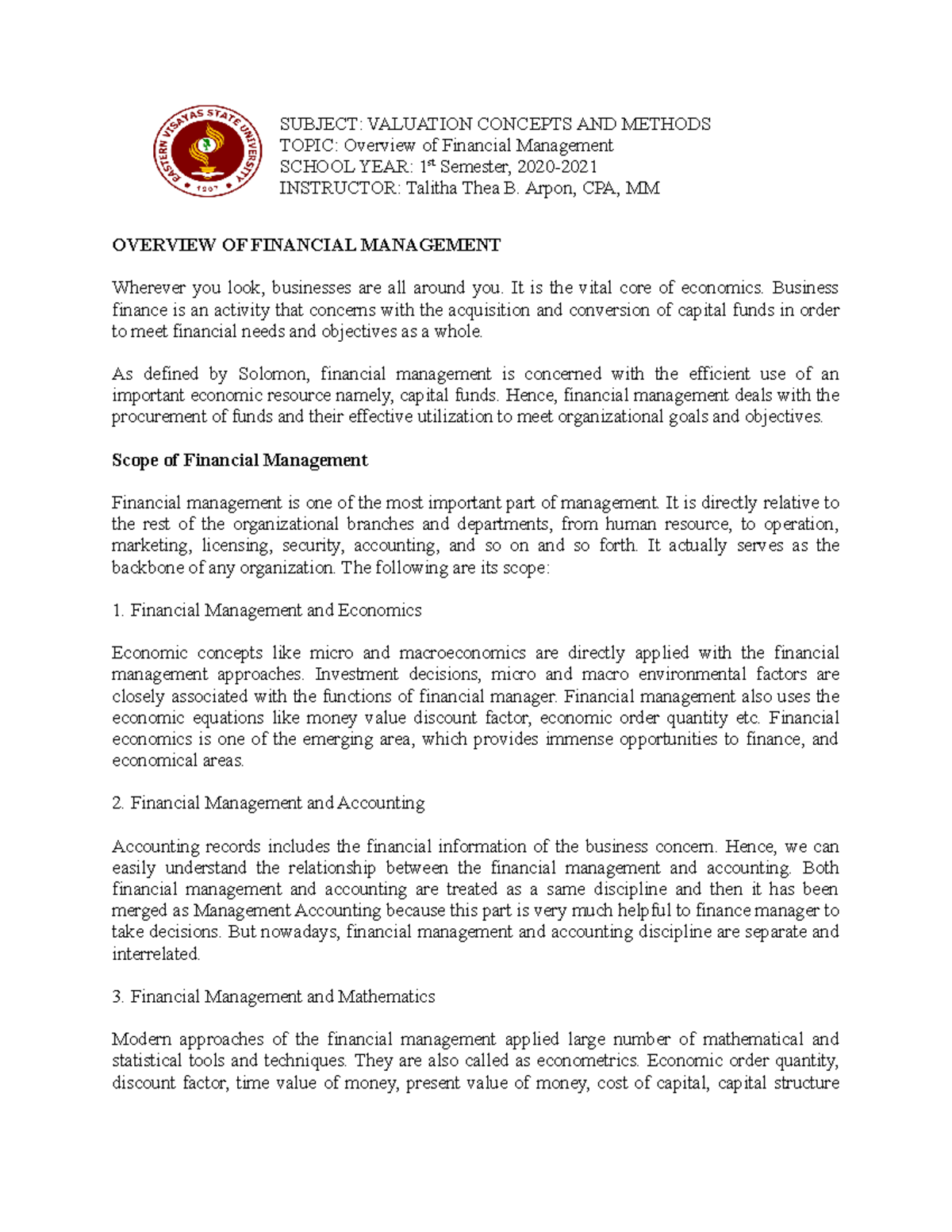 Overview of Financial Management in an organization, a company either ...