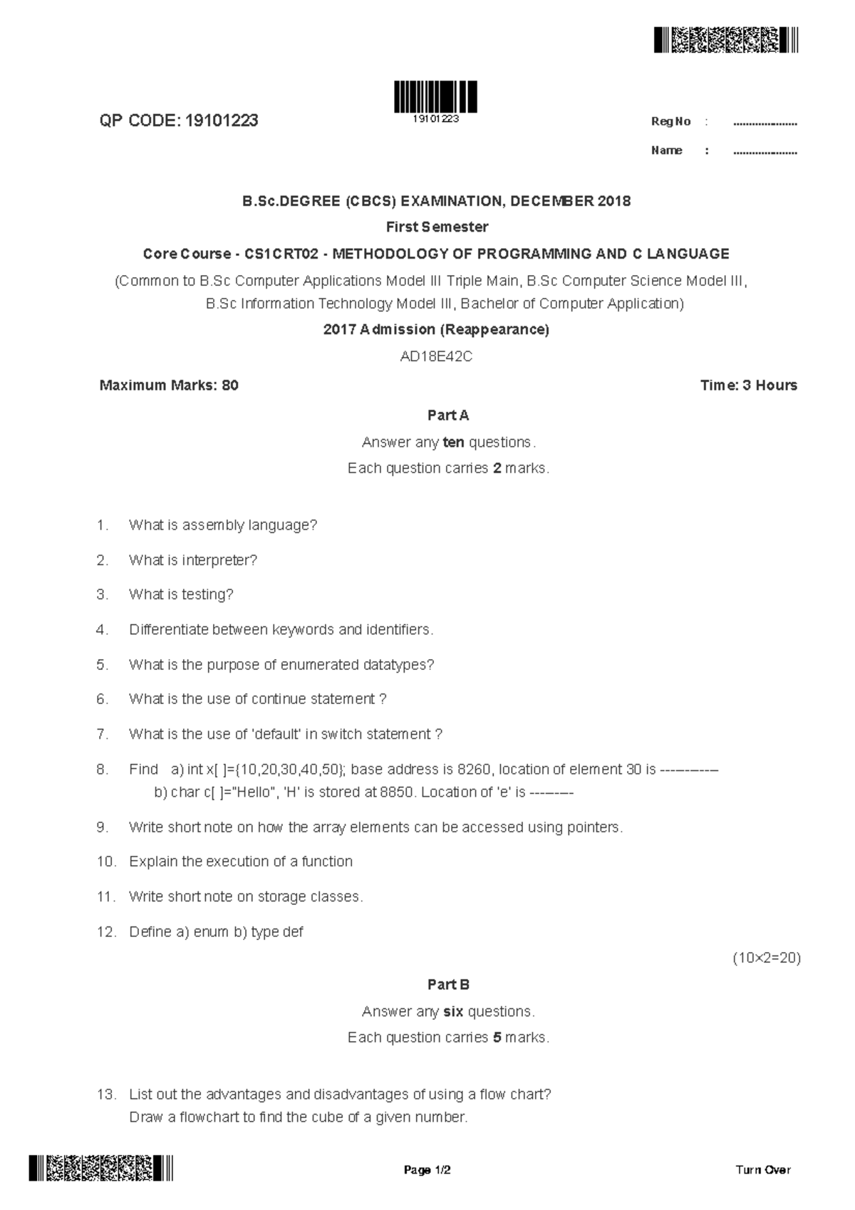 C reappearence 2018 - C Previous year Question paper 2018 MG university ...