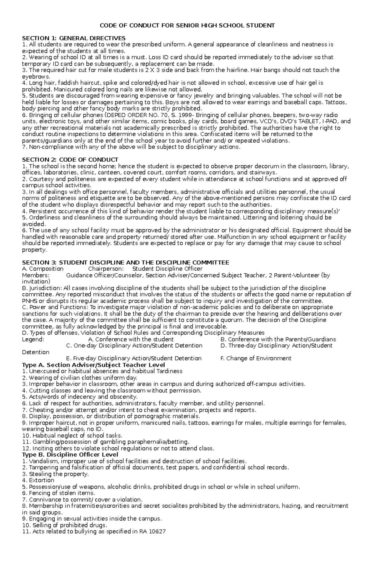 CODE-OF- Conduct-FOR- Senior-HIGH- School- Student - CODE OF CONDUCT ...
