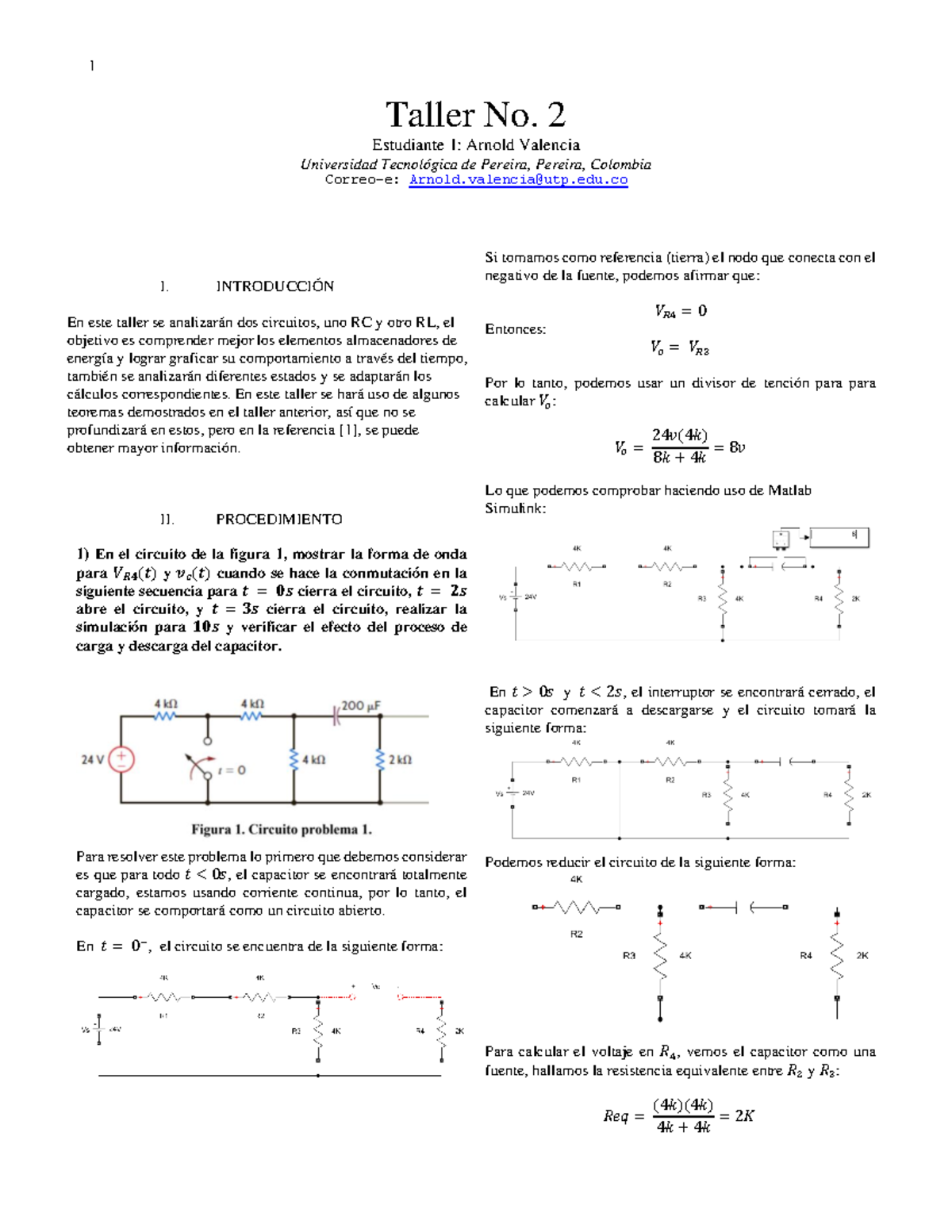 Taller de circuitos RL y RC, comprobados con Matlab Simulink, respuesta ...