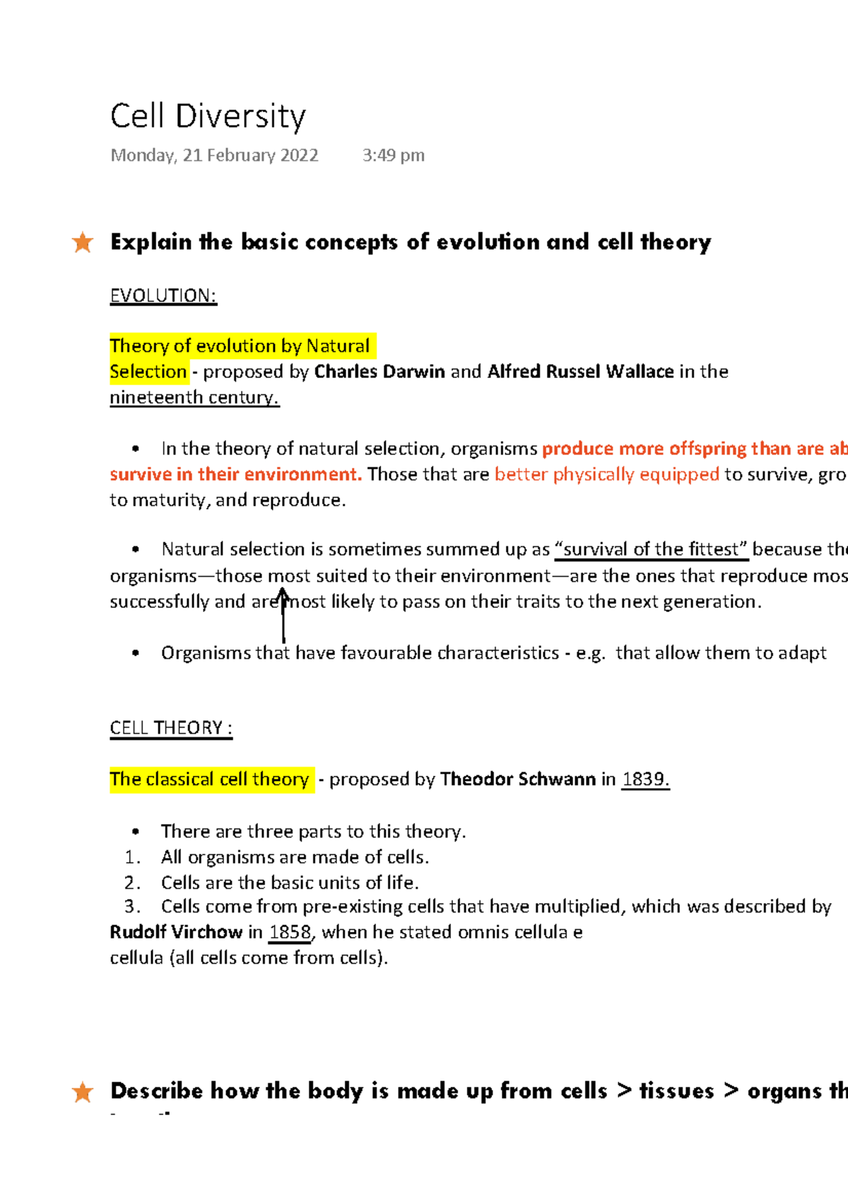 Cell Diversity notes - Explain the basic concepts of evolution and cell ...