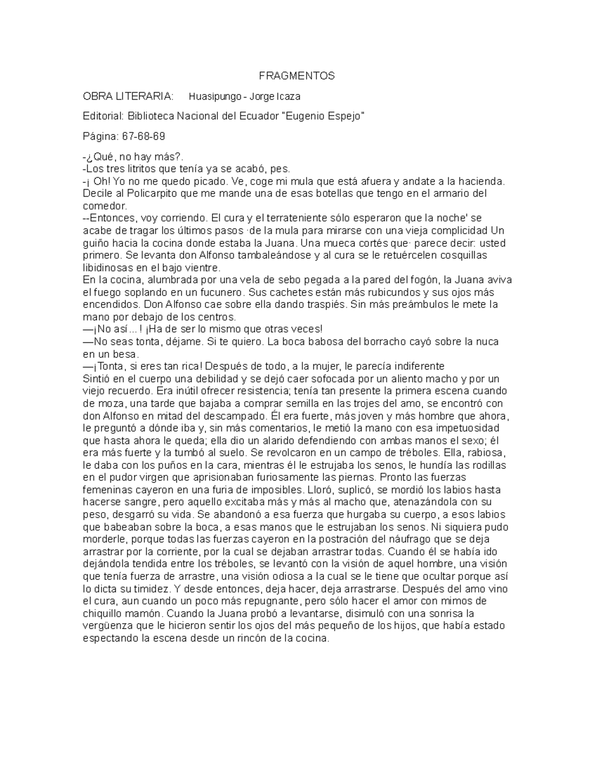 Fragmentos - FRAGMENTOS OBRA LITERARIA: Huasipungo - Jorge Icaza ...