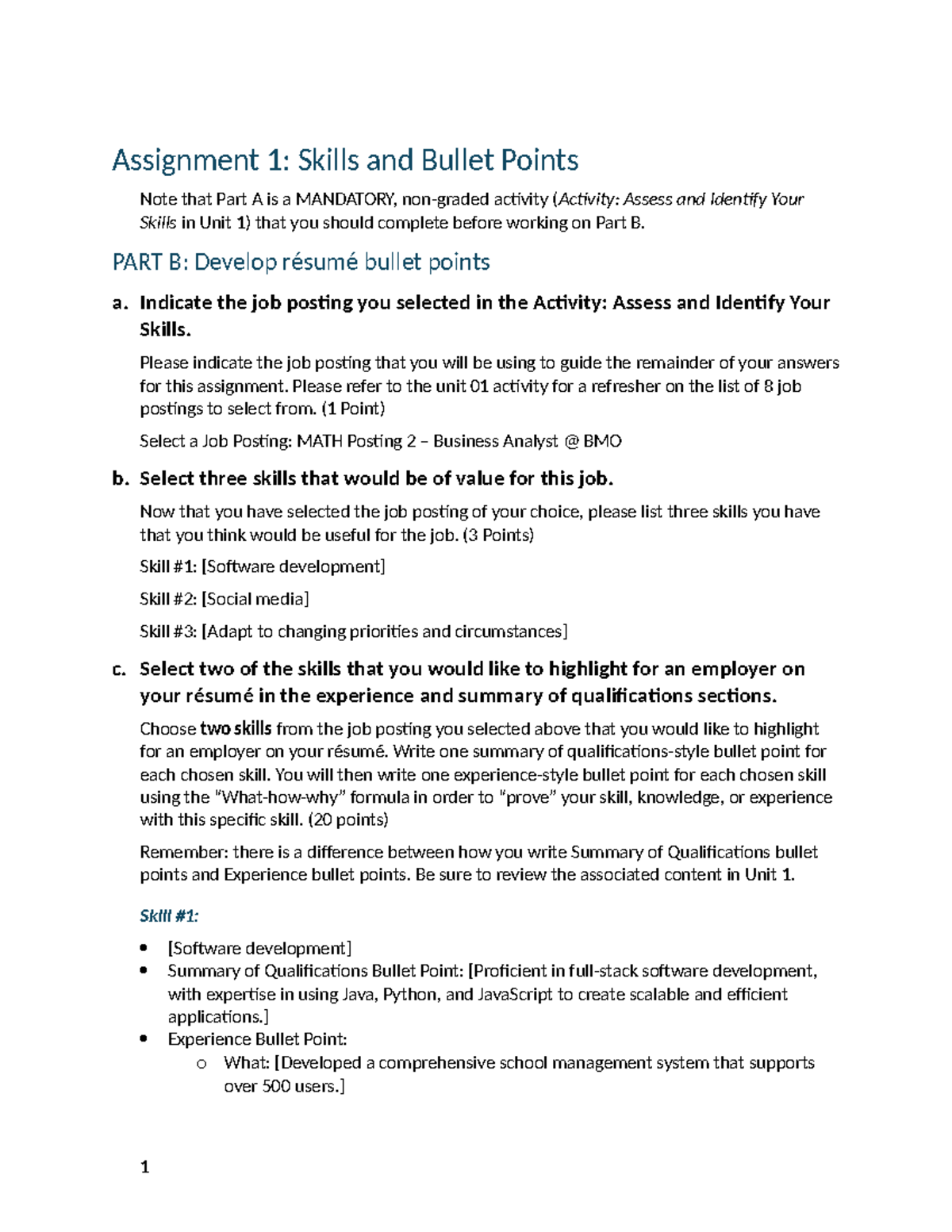 Assign 1 skills and bullet points - Assignment 1: Skills and Bullet Points Note that Part A is a ...