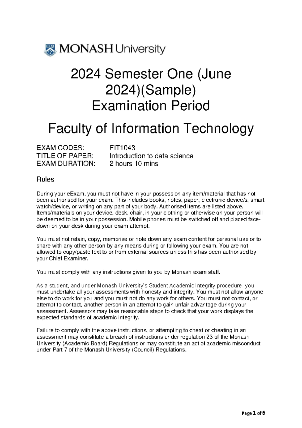FIT1043 Sample Exam S1 2024 (with Sample Solution) - 2024 Semester One ...