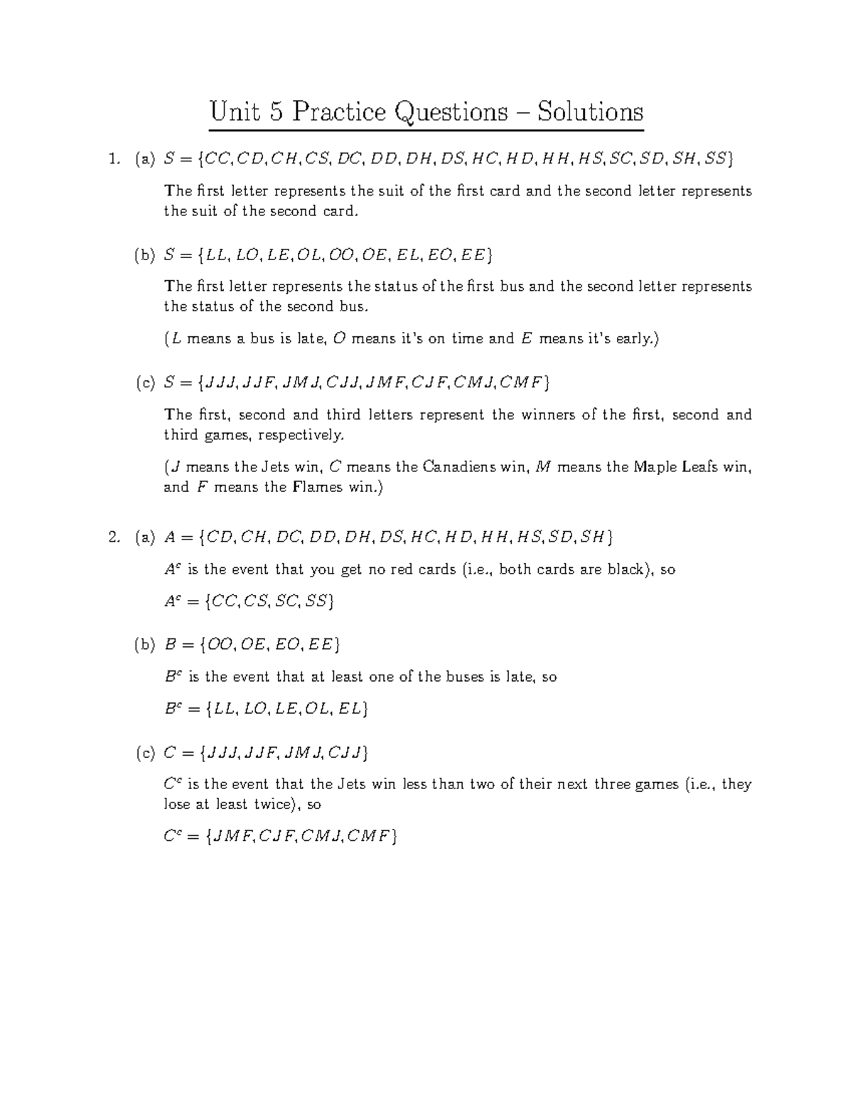 Unit 5 Solutions - Practices for Stastic - Unit 5 Practice Questions – Solutions (a) S = {CC, CD ...