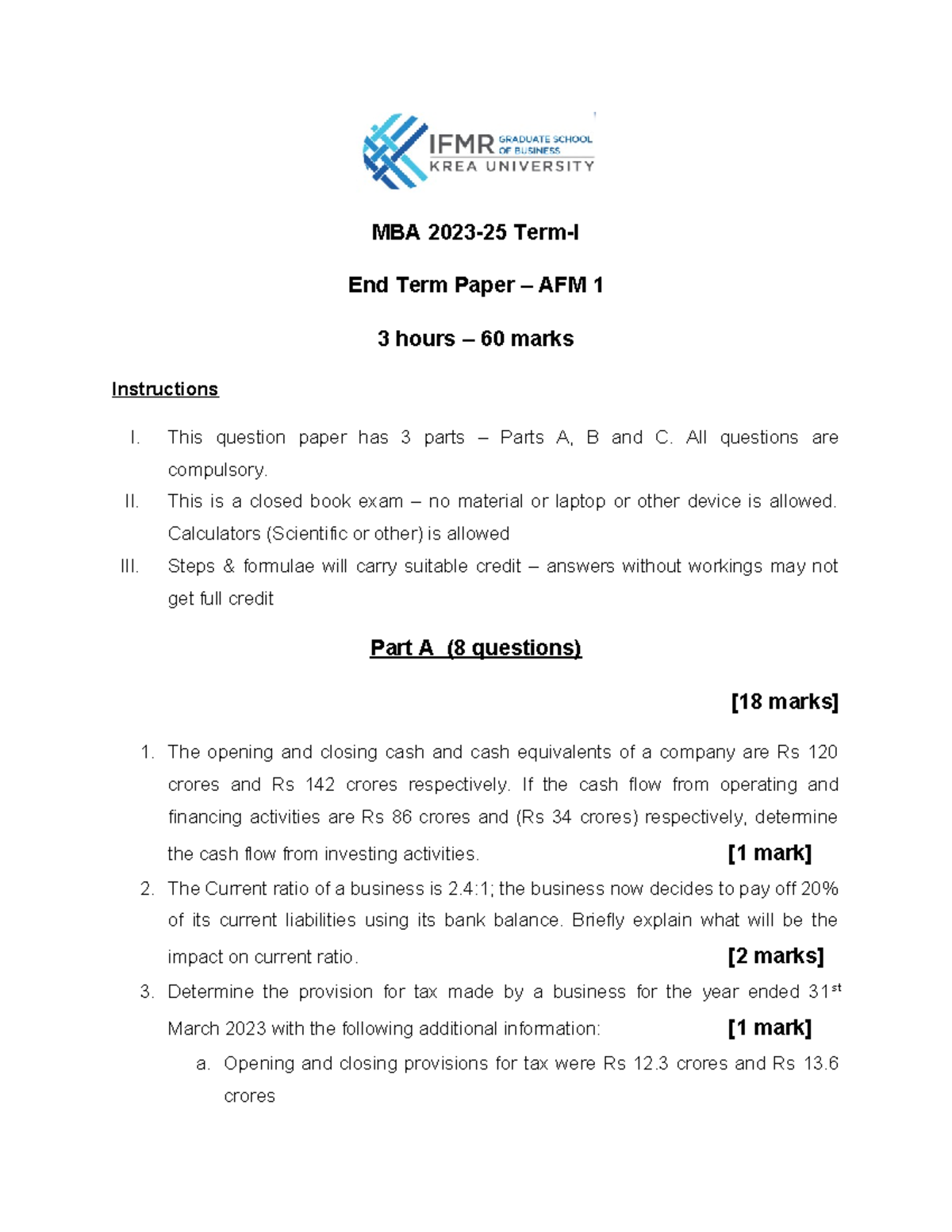 End Term question paper - AFM 1 - MBA 2023-25 Term-I End Term Paper ...