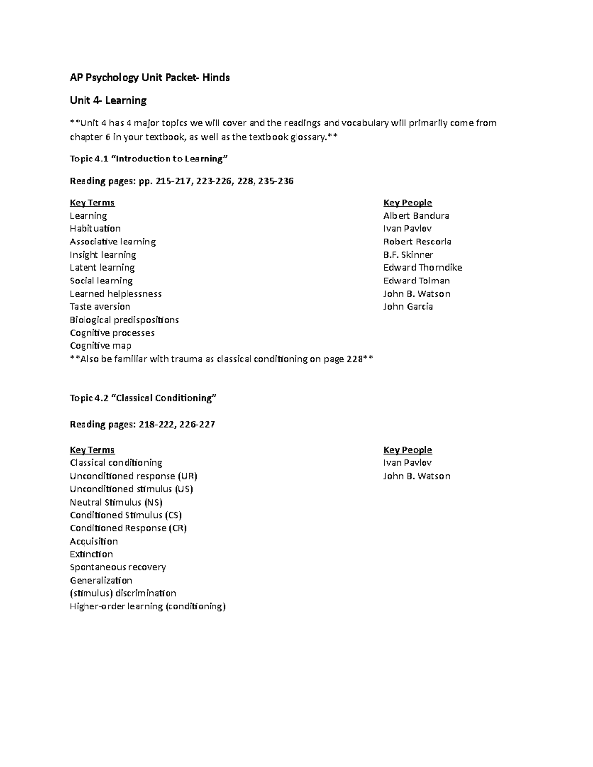 AP Psychology Unit 4 Packet - ** Topic 4 “Introduction to Learning ...