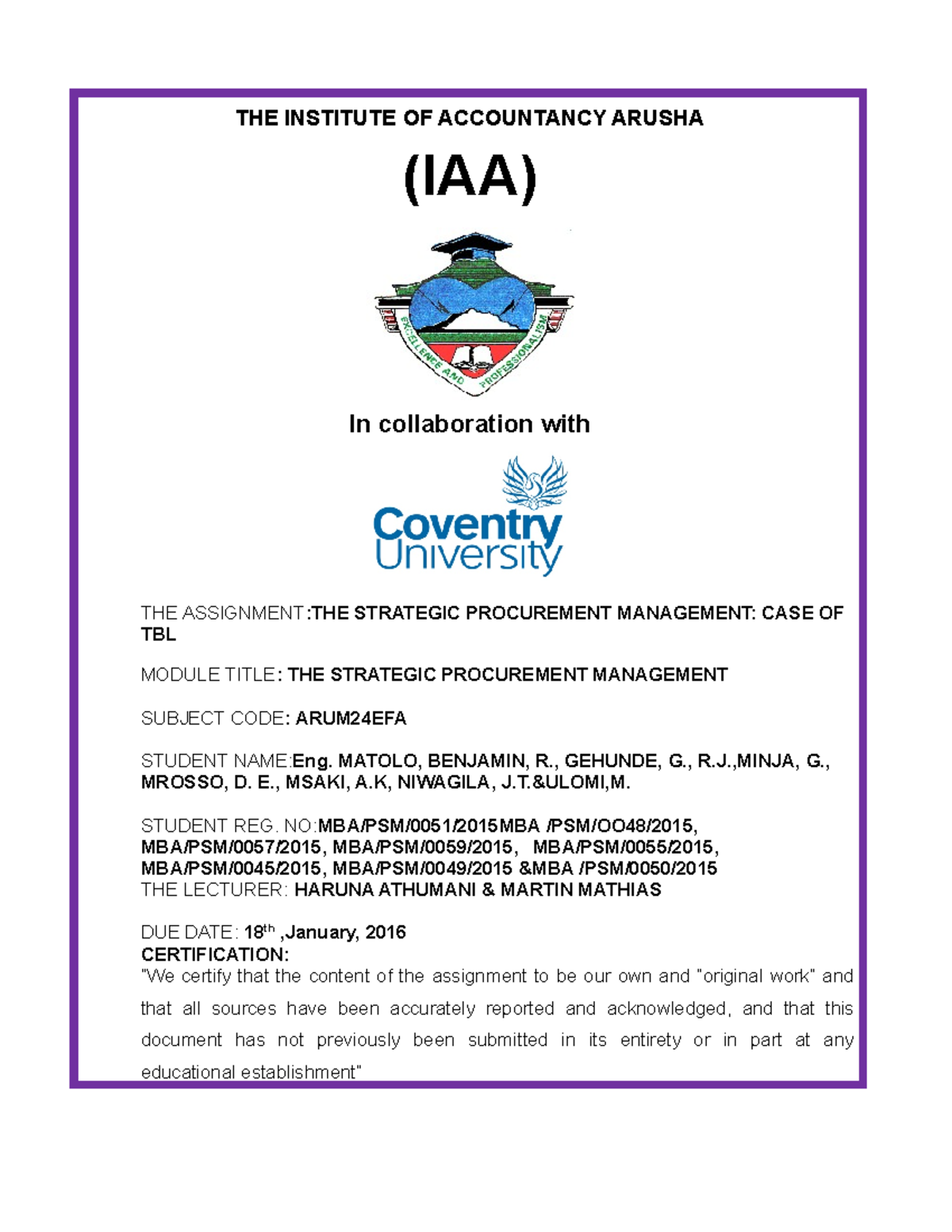 Strategic Procurement - THE INSTITUTE OF ACCOUNTANCY ARUSHA (IAA) In ...