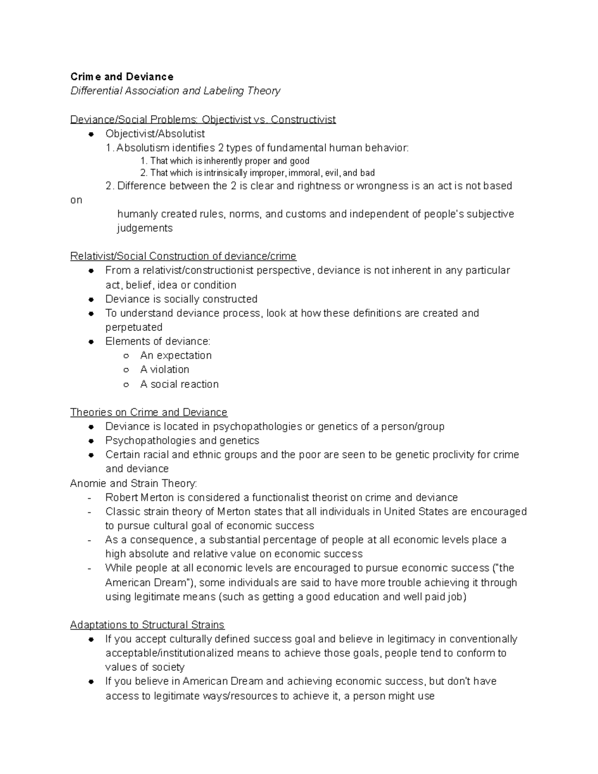 SOC Notes (in-class) - Crime and Deviance Differential Association and ...