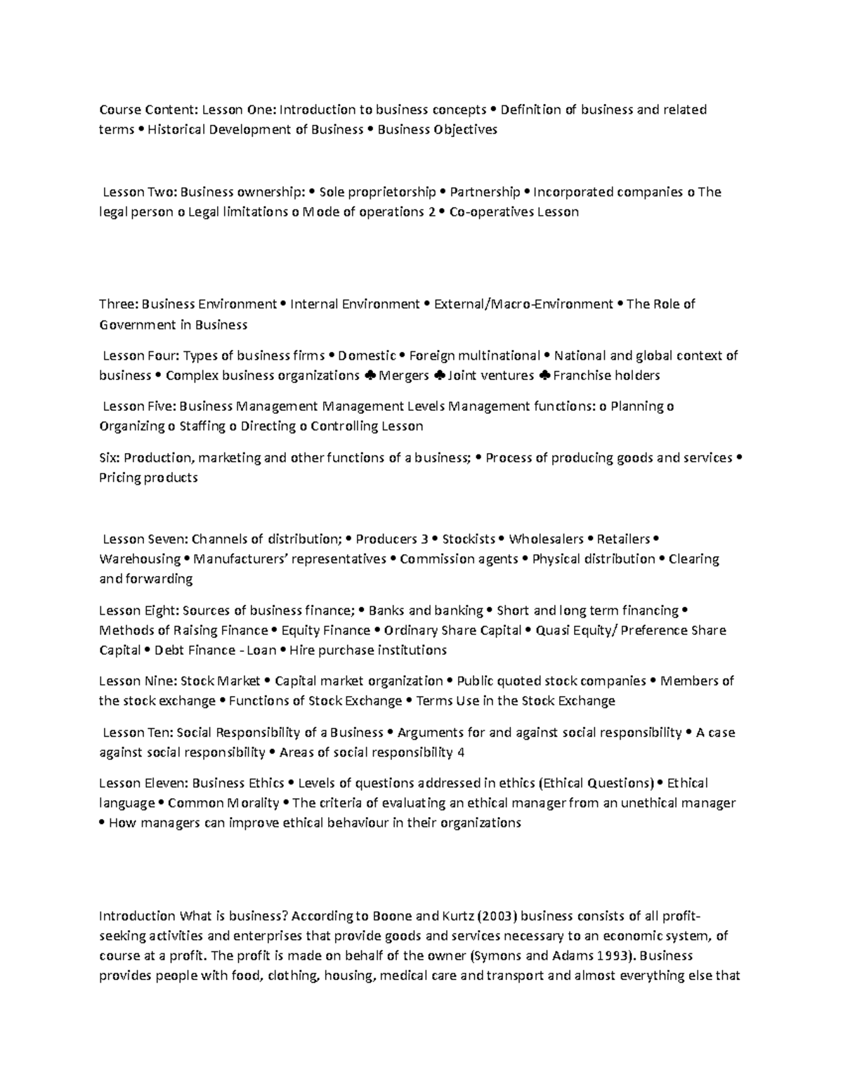 Course outline bbm 1101 - Course Content: Lesson One: Introduction to ...