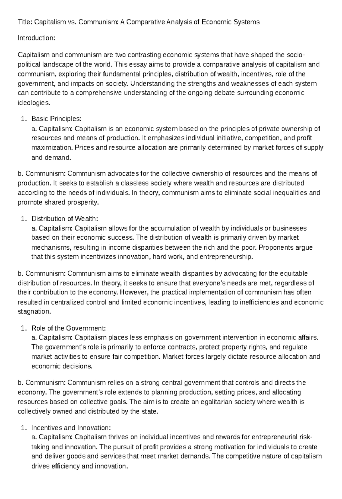 Title Capitalism vs. Communism A Comparative Analysis of Economic ...