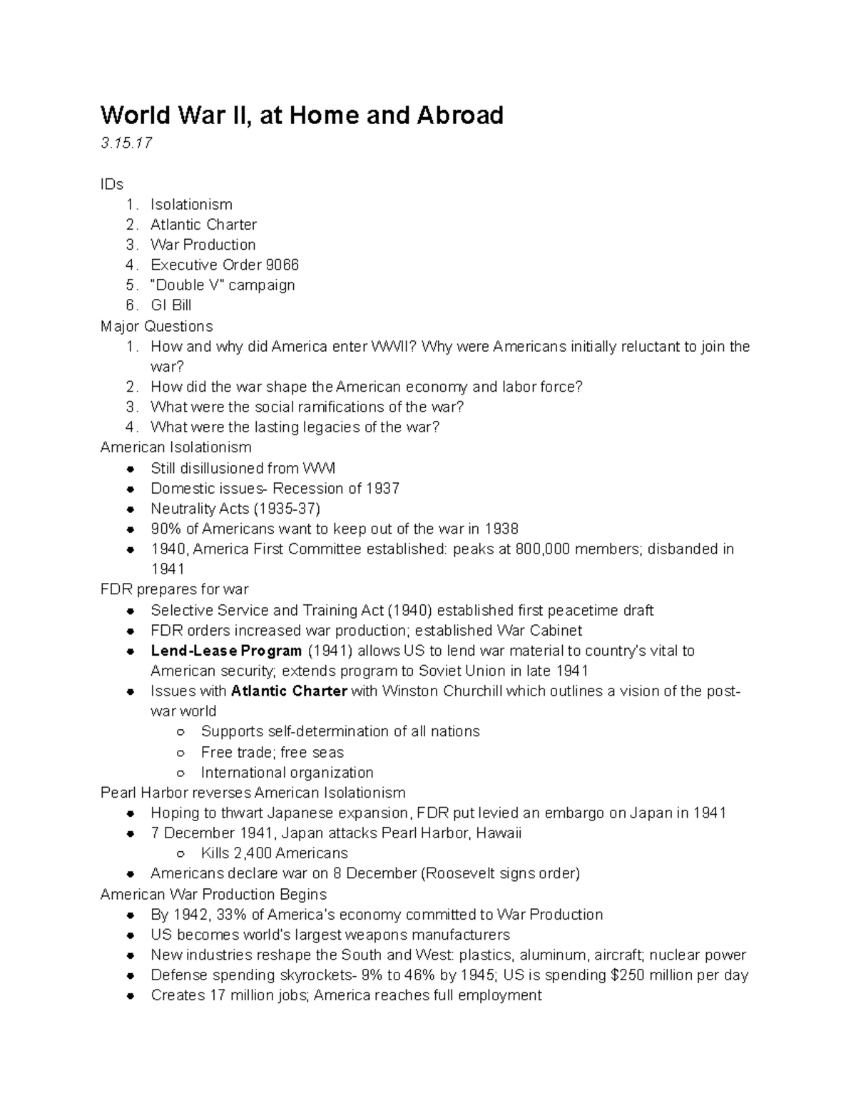 World War II, at Home and Abroad - IDs 1. Isolationism 2. Atlantic ...