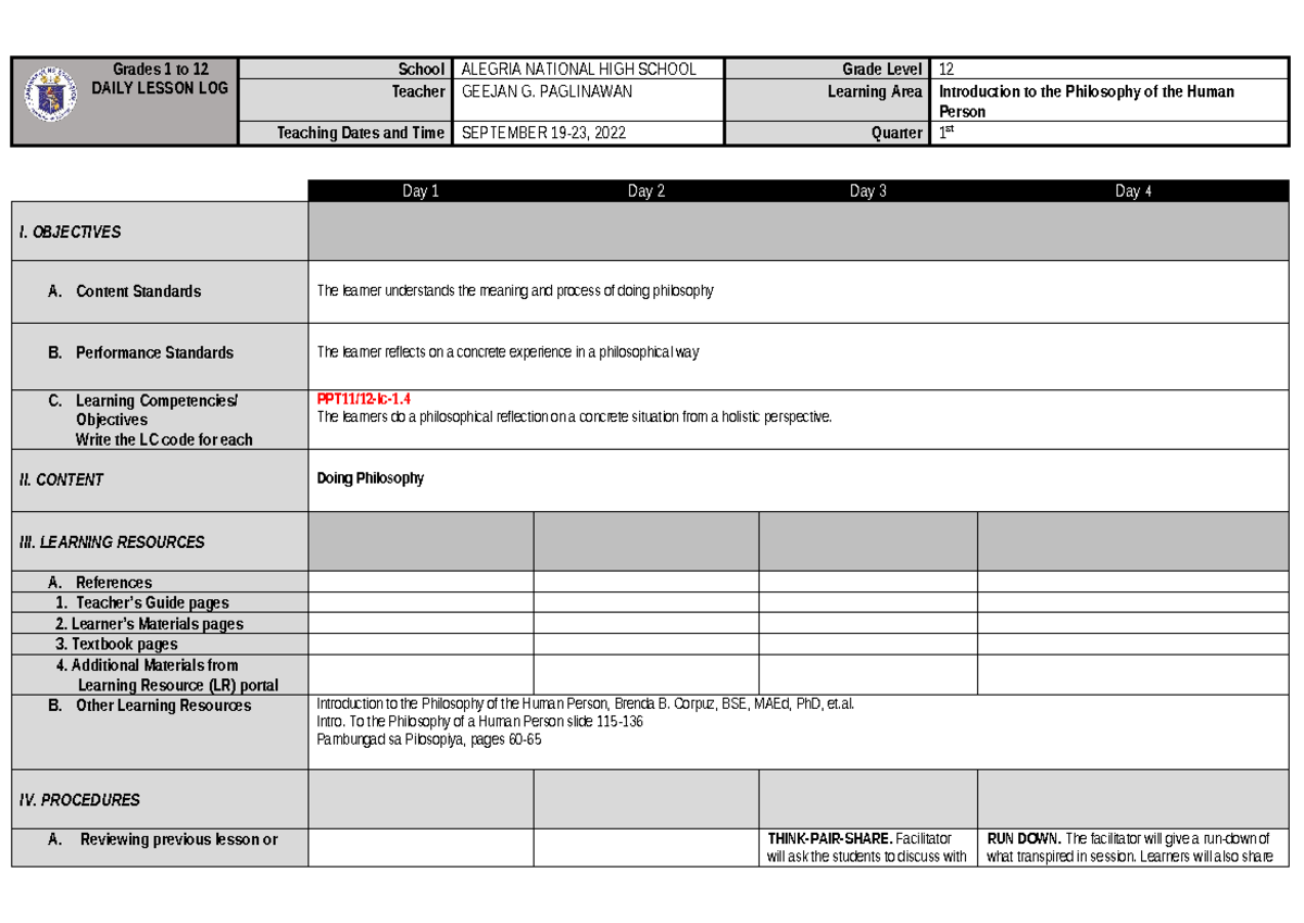 PPT Week c - Holistic Perspective - Grades 1 to 12 DAILY LESSON LOG ...