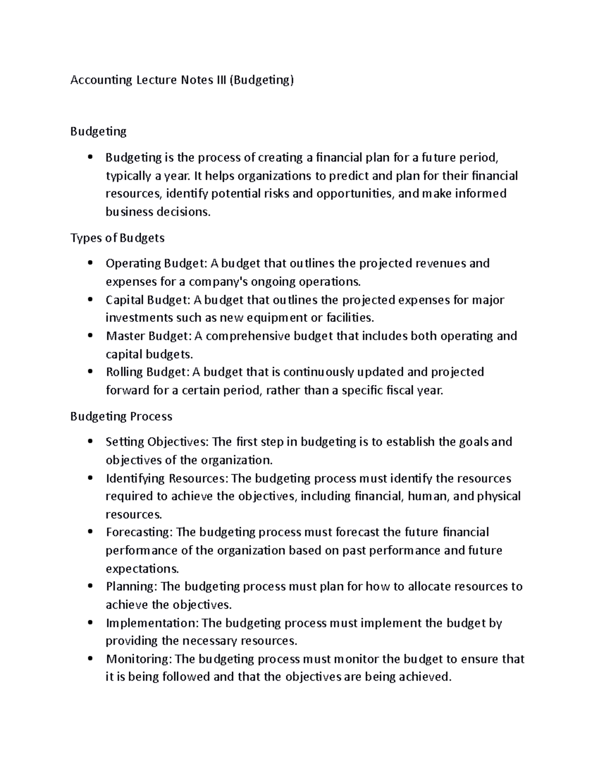 Accounting Lecture Notes Iii Budgeting Accounting Lecture Notes Iii Budgeting Budgeting