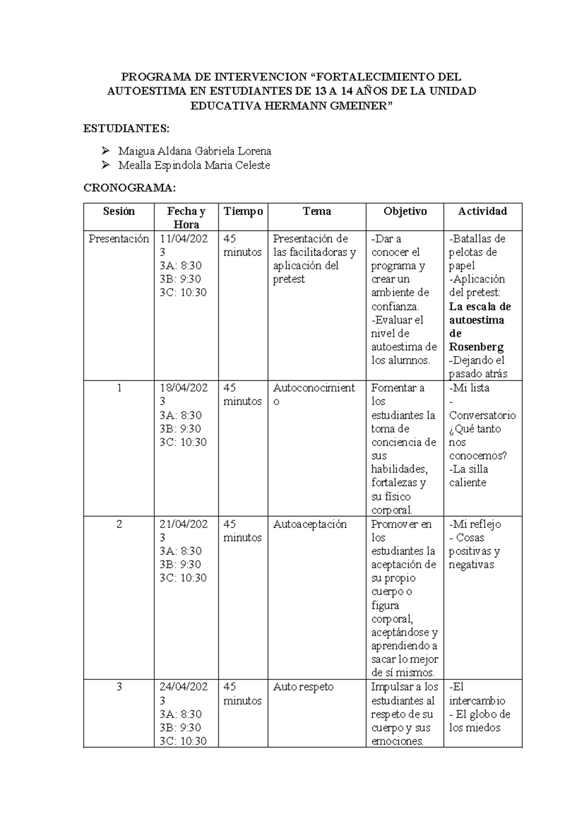 Cronograma DEL Programa DE Intervencion Educativa - PROGRAMA DE INTERVENCION “FORTALECIMIENTO ...