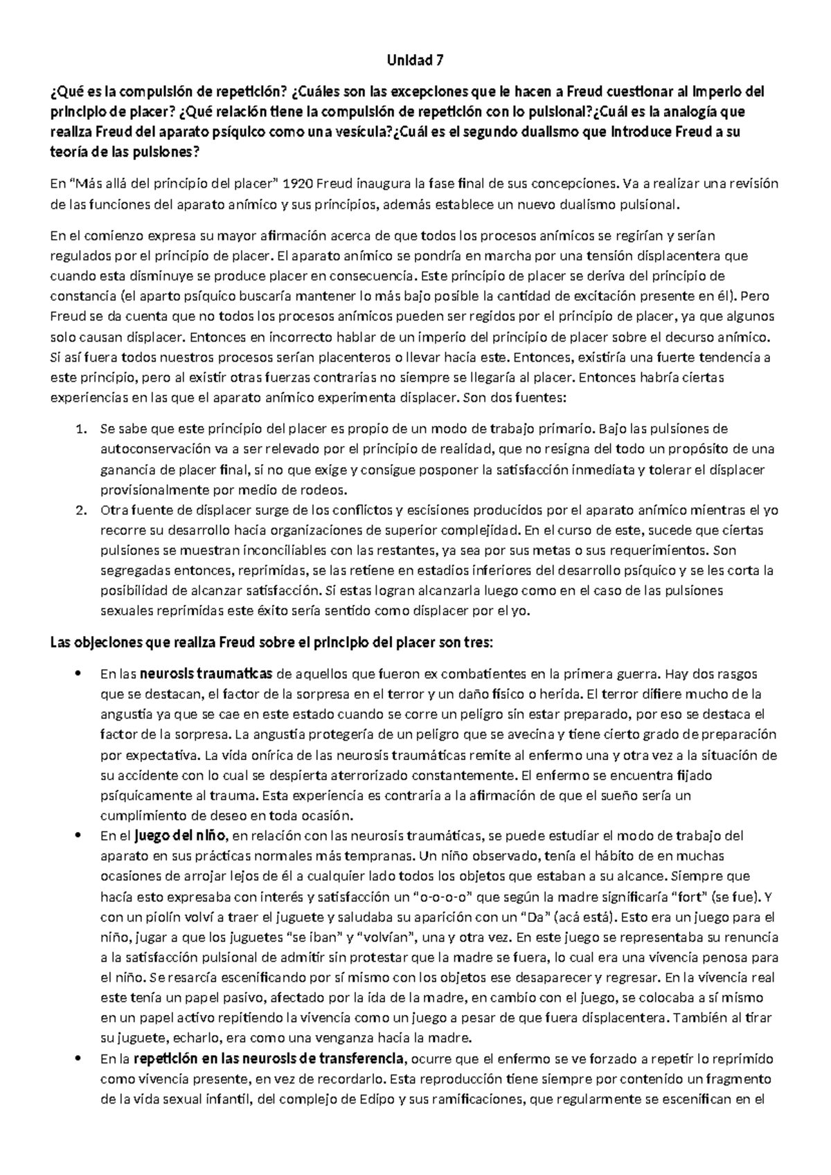 Unidad 7 - Unidad 7 ¿Qué es la compulsión de repetición? ¿Cuáles son ...
