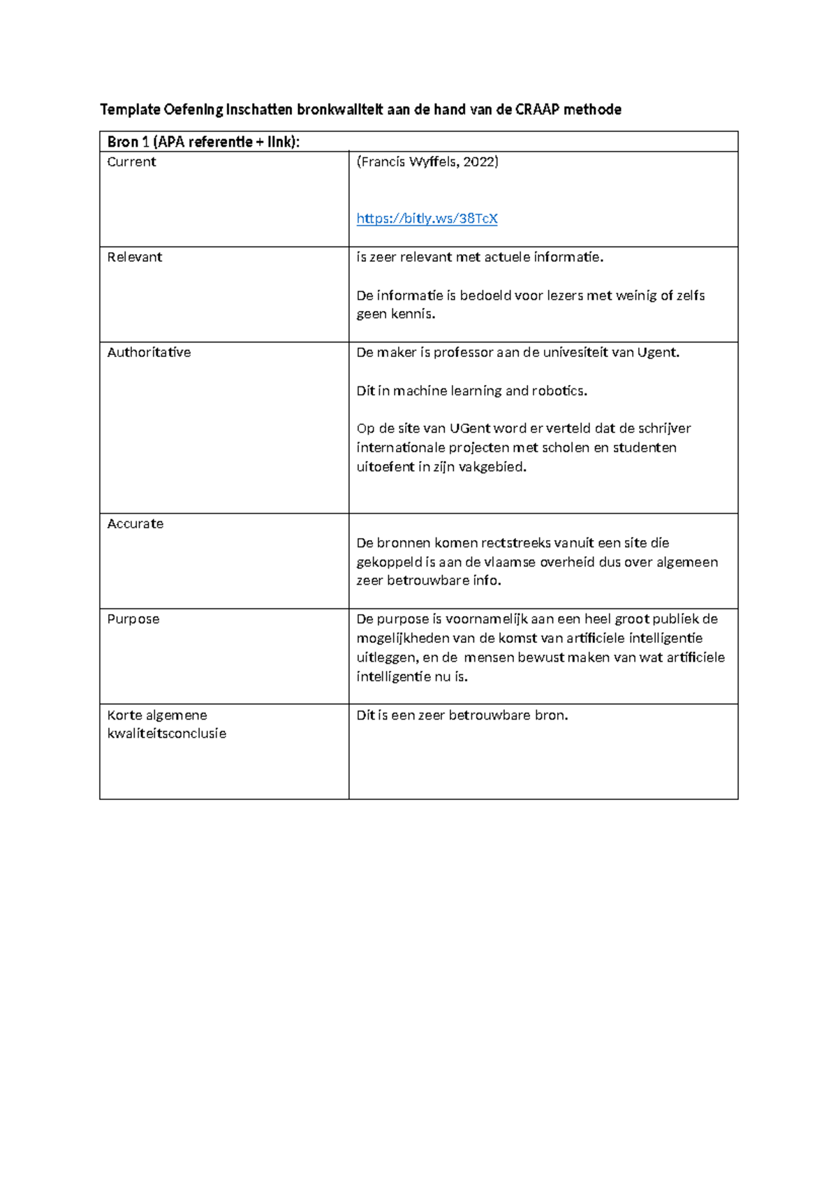Bronkwaliteit Craap methode Sébastien Vanaverbeke - Template Oefening ...