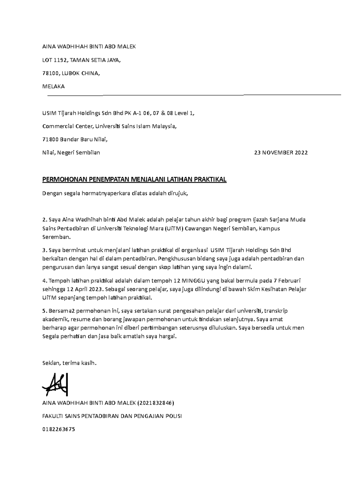 Cover Letter BM - for internship - AINA WADHIHAH BINTI ABD MALEK LOT ...