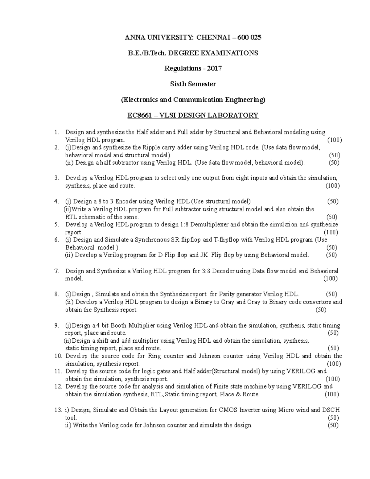 UNIV LAB QUES 2017 (VLSI) - ANNA UNIVERSITY: CHENNAI – 600 025 B.E./B ...