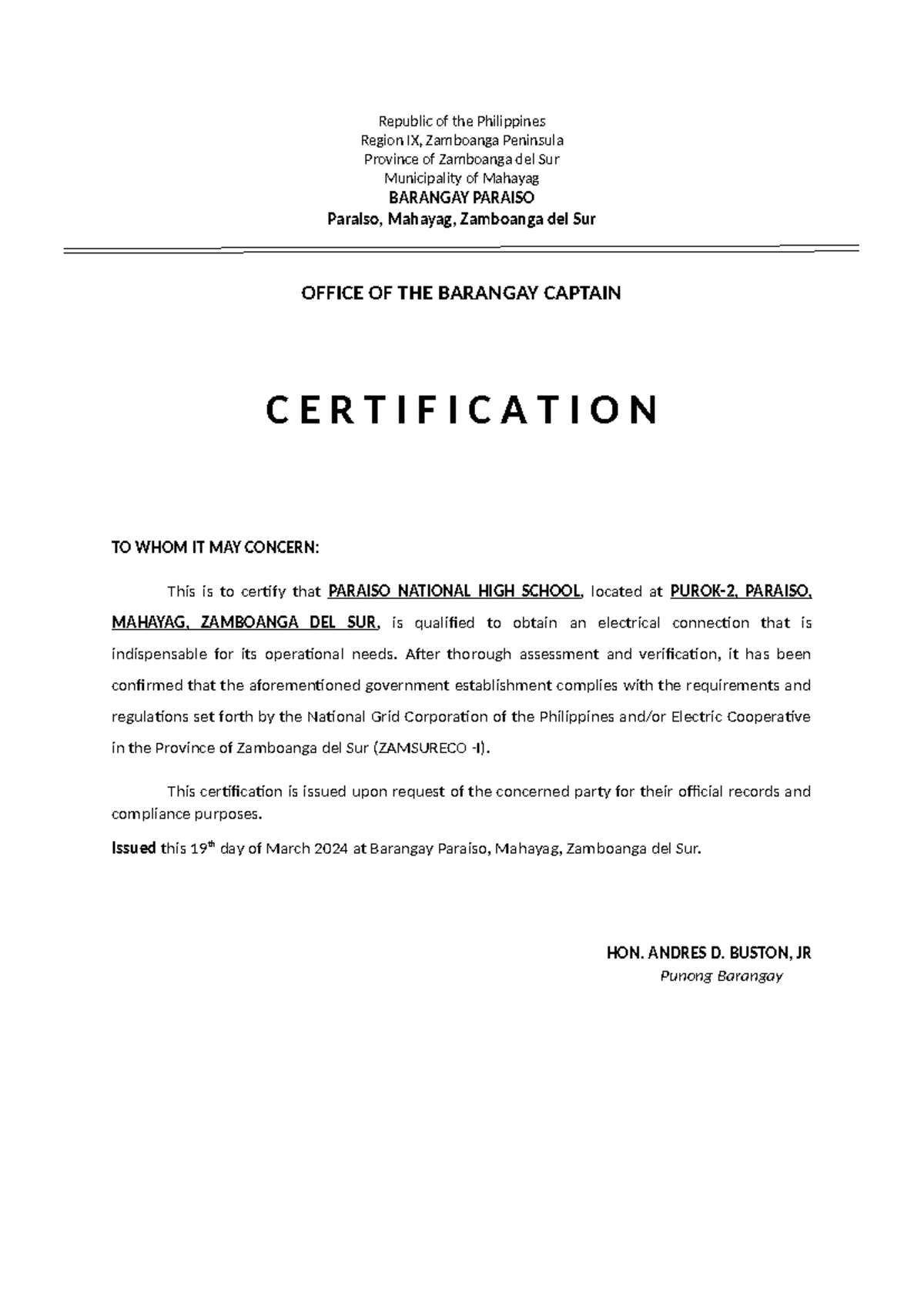Barangay-Certification - Republic of the Philippines Region IX ...