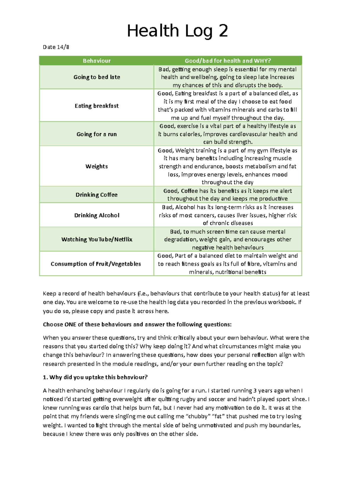 Week 3 module Workbook Activity - Health Log 2 - Health Log 2 Date 14 ...