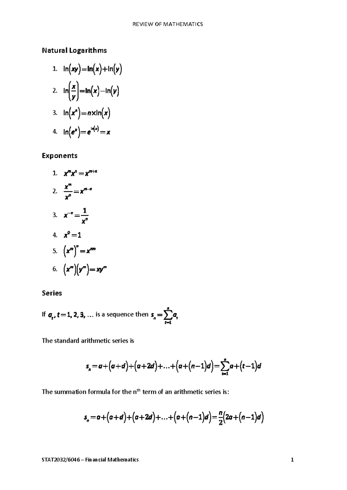 Mathematics Review: Natural Logs, Exponents, Series, and More - Natural ...