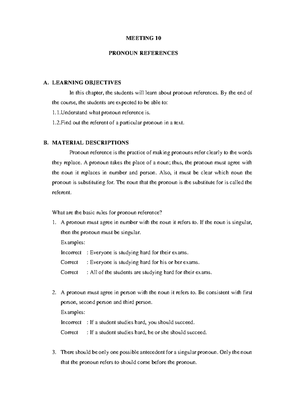 Meeting 10 Pronoun Reference - MEETING 10 PRONOUN REFERENCES A ...