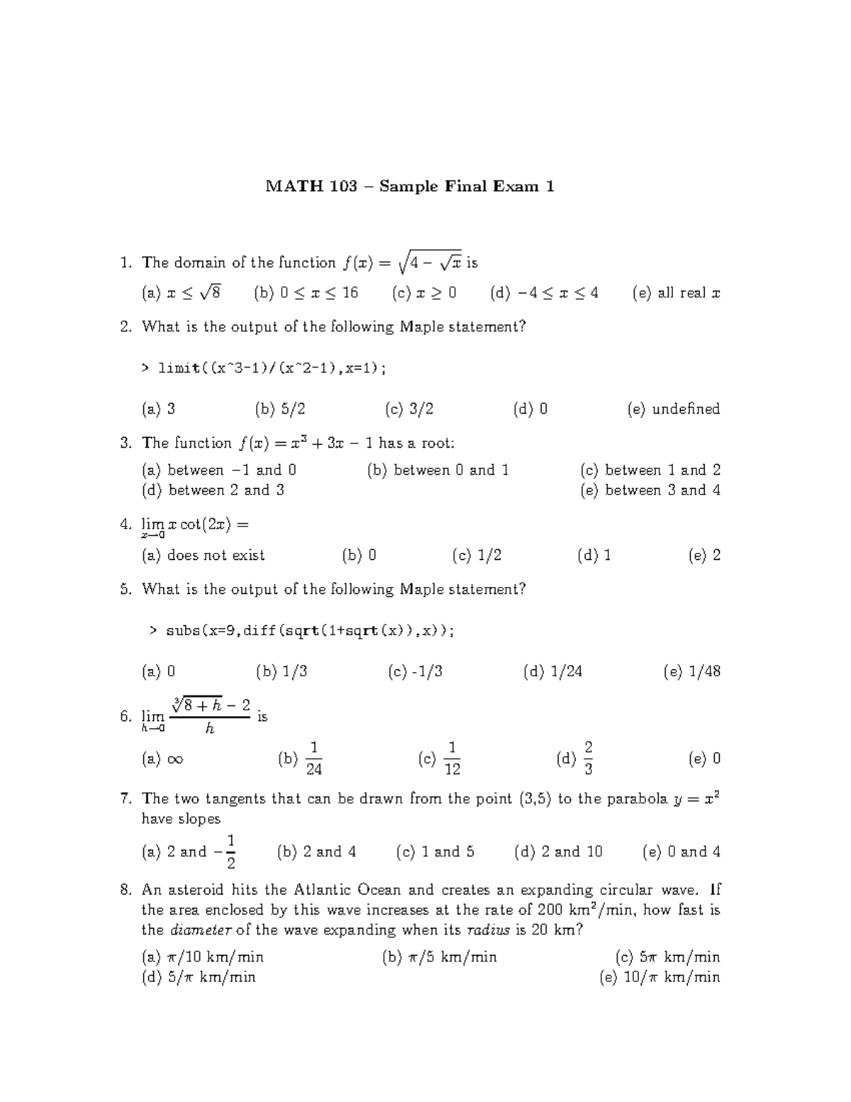 MATH 103 Sample Final Exam 1 - Studocu