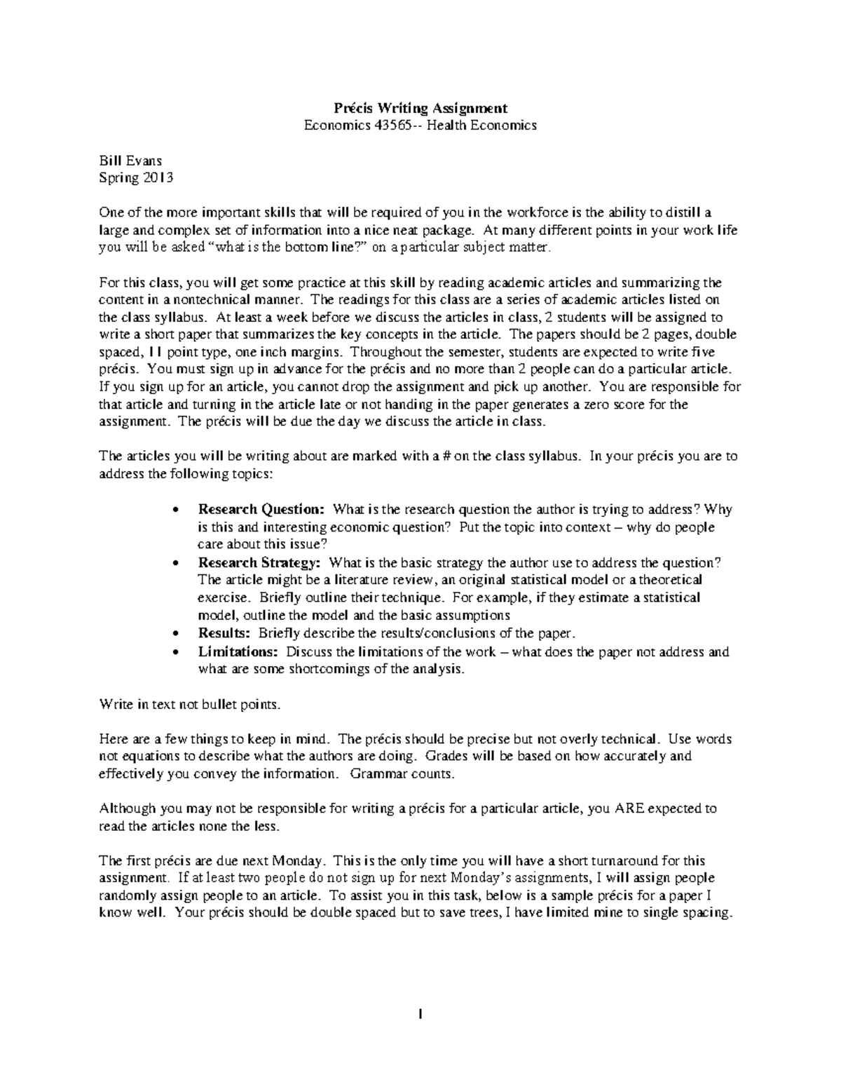 Precis writing assignment - Précis Writing Assignment Economics 43565 ...