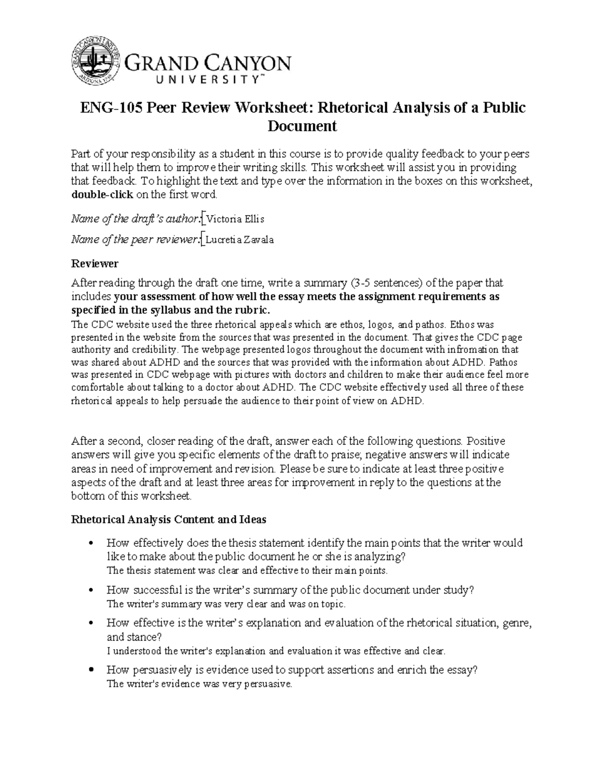 ENG105 Rhetorical Analysis Peer Review Worksheet - ENG-105 Peer Review ...