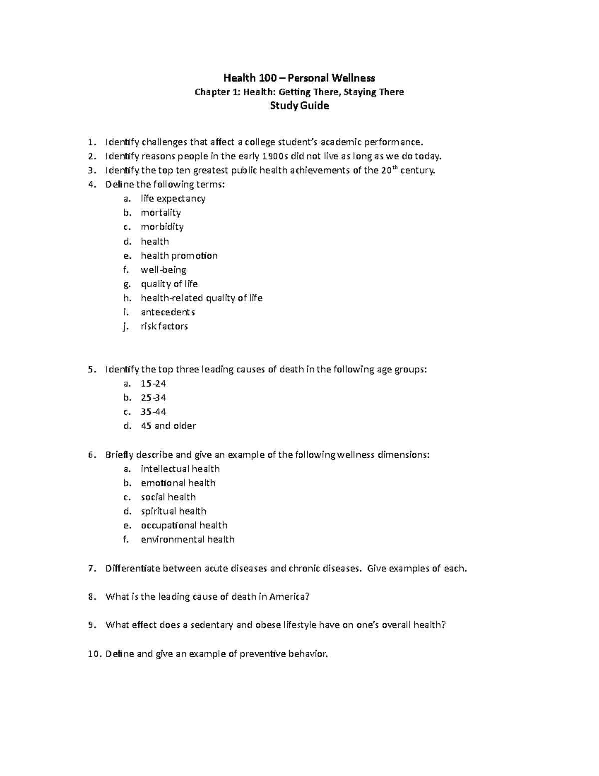 Chapter 1 - Study Guide - Health 100 – Personal Wellness Chapter 1 ...