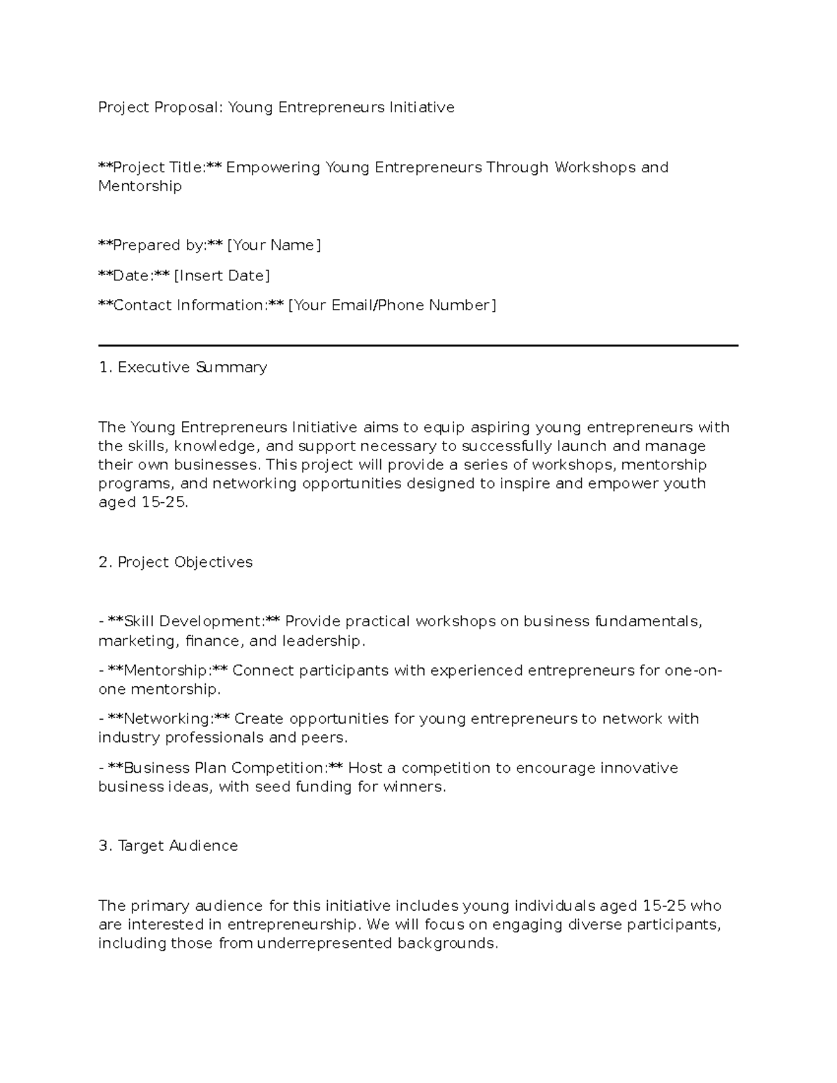 Project Proposal for Young Entrepreneurs - Project Proposal: Young ...