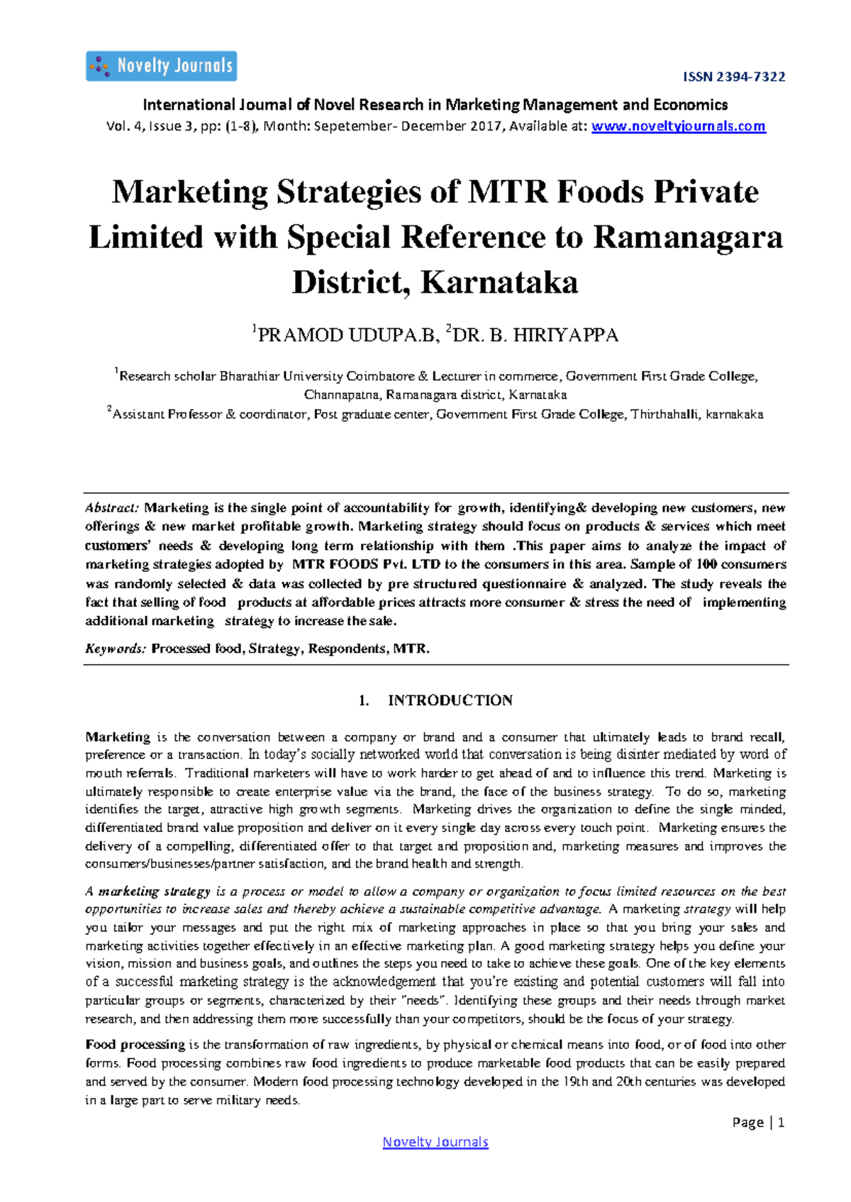Marketing Strategies of MTR Foods Private Limited-1136 - International ...