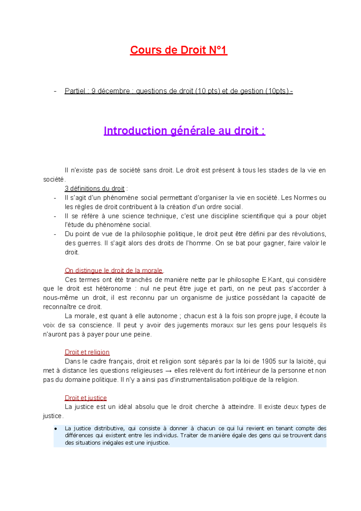 Cours DE Droit n°1 - Mr blo - Cours de Droit N° Partiel : 9 décembre ...