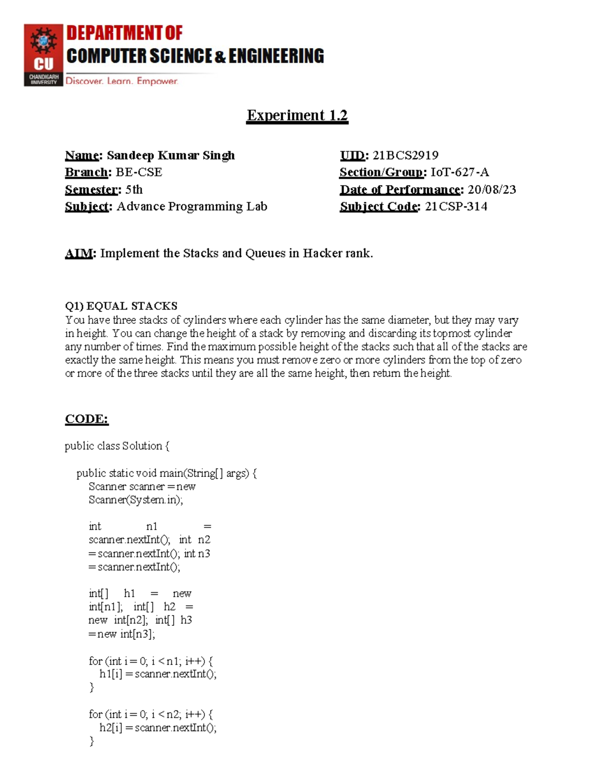 AP 1.2 BY 21BCS2919 - vvvvfadfvaddffbbddbfb - Experiment 1. Name: Sandeep Kumar Singh UID: 21BCS ...