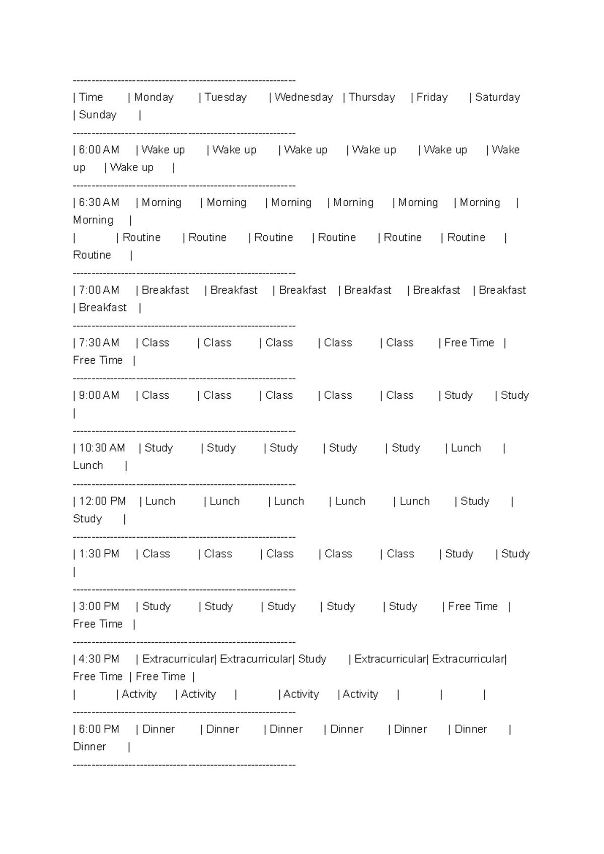Assignment Block Schedule- Part 2 - | Time | Monday | Tuesday ...