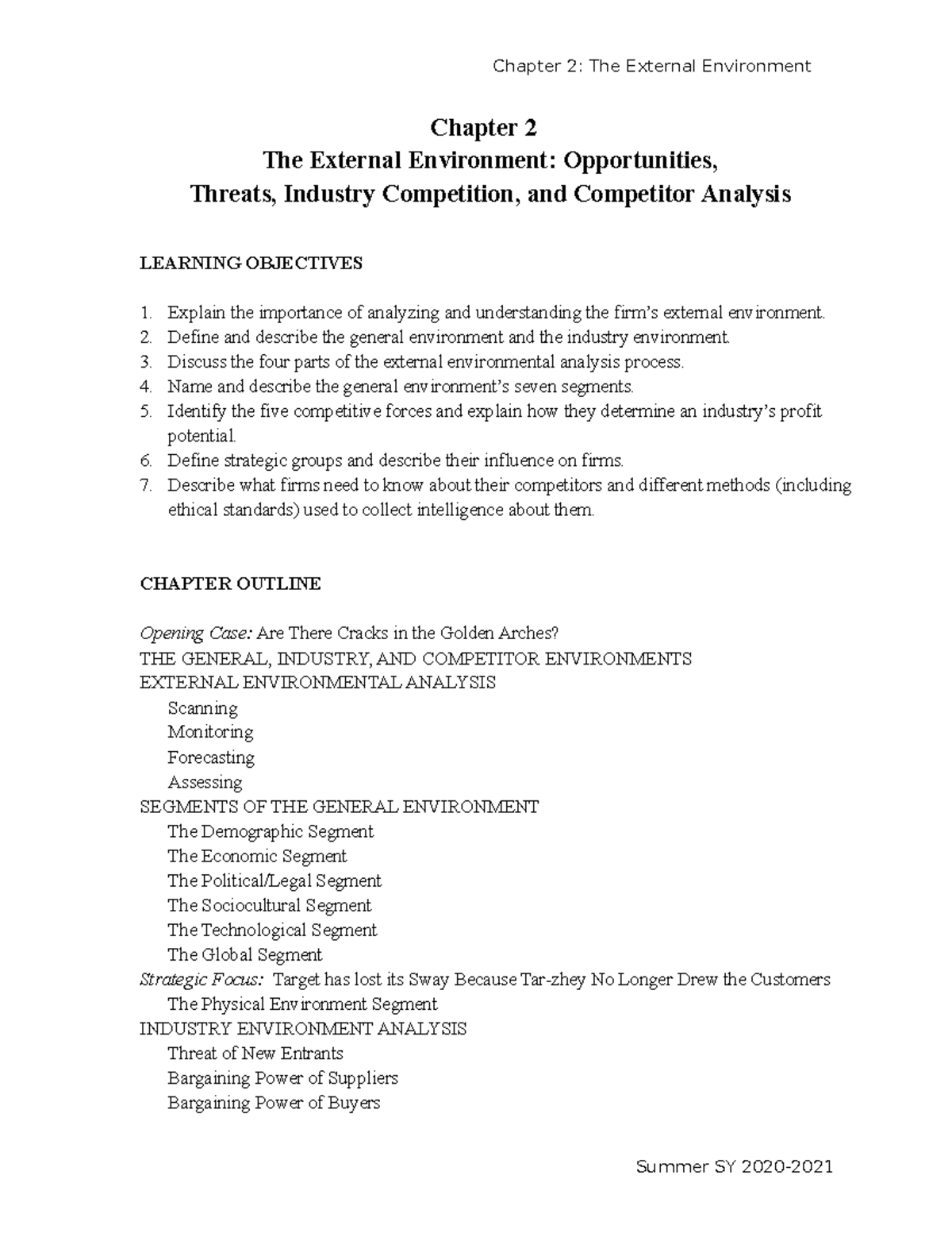 C2 - Handout - bsa - Chapter 2 The External Environment: Opportunities, Threats, Industry - Studocu
