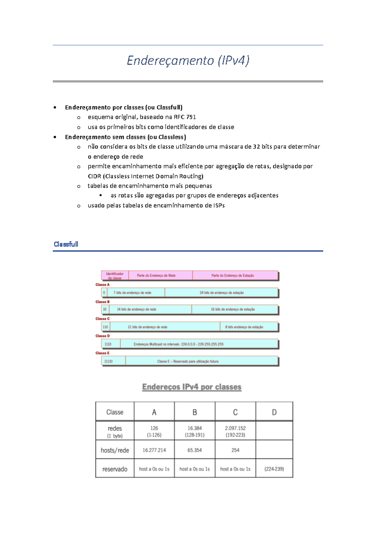 Redes - Nivel de Rede - Endereçamento (IPv4) Endereçamento por classes ...