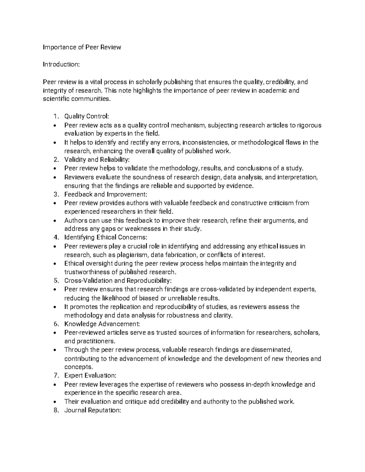 Importance of Peer Review notes - Importance of Peer Review ...