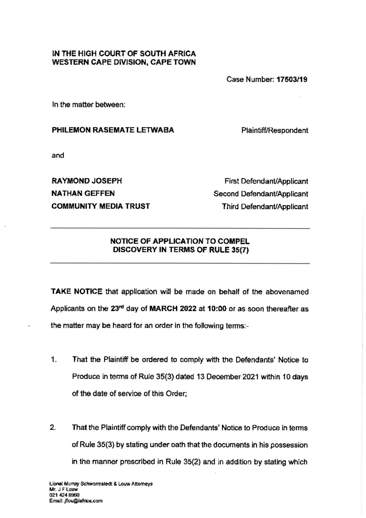 Notice of application with founding affidavit - PLC1502 - Studocu
