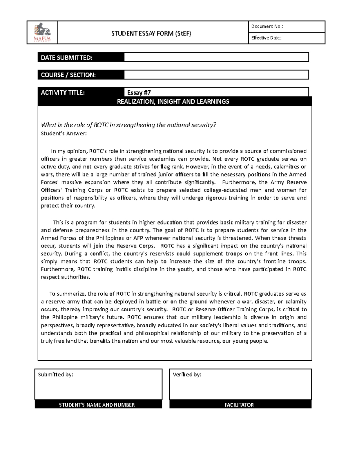 NSTP E7 - AAAA - STUDENT ESSAY FORM (StEF) Document No.: Effective Date ...