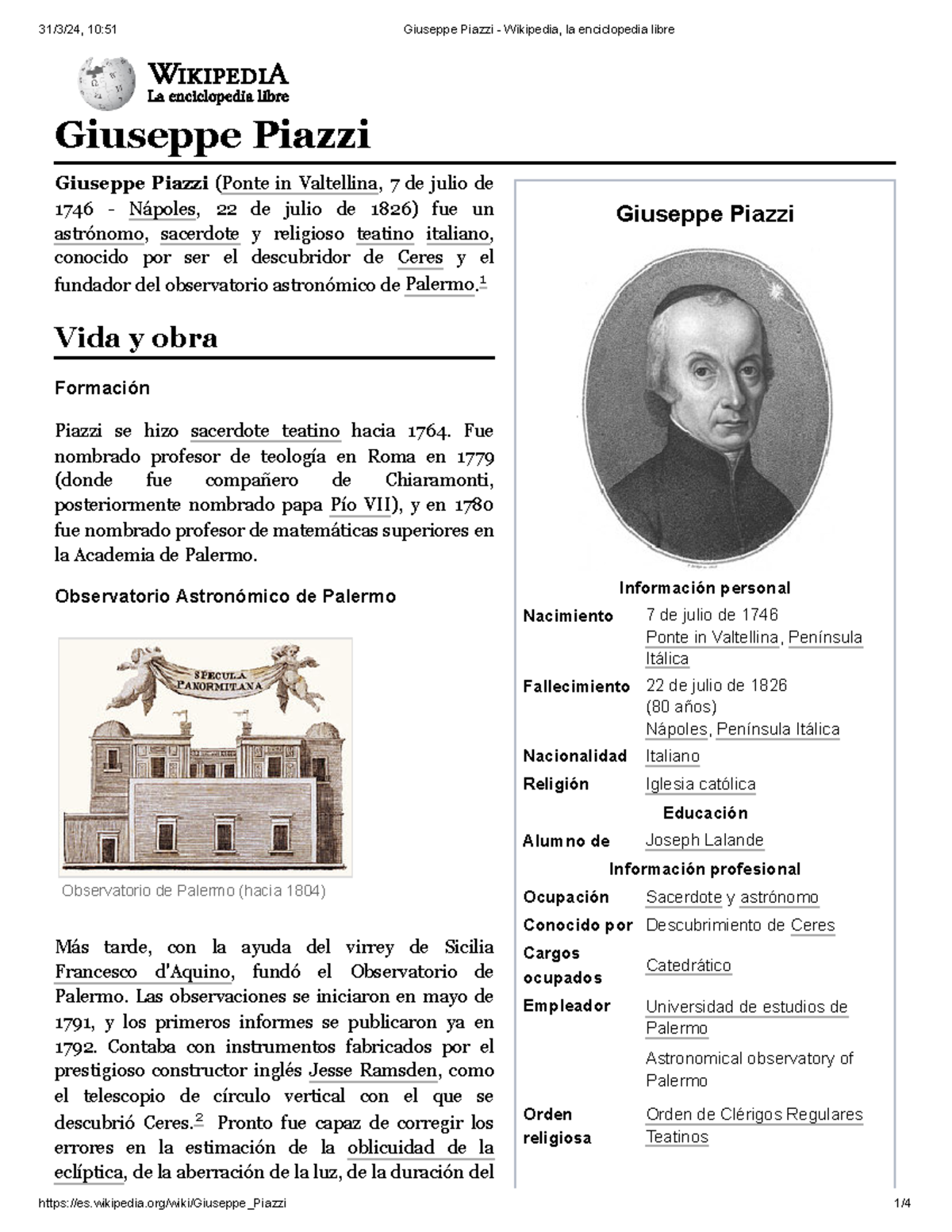 Astro - Giuseppe Piazzi ( Ponte in Valtellina , 7 de julio de1746 ...