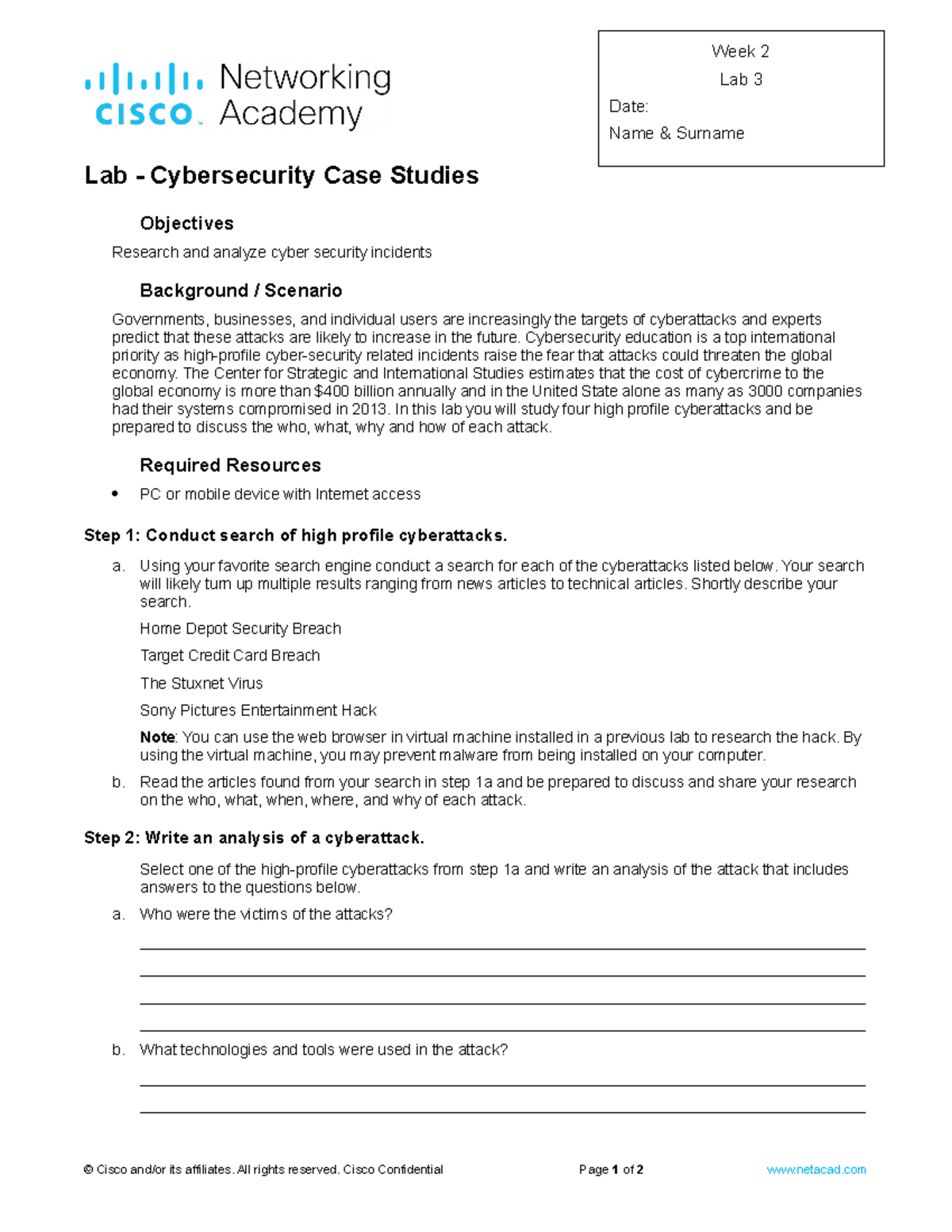Week2 Lab3 - Cybersecurity Case Studies - Lab - Cybersecurity Case ...