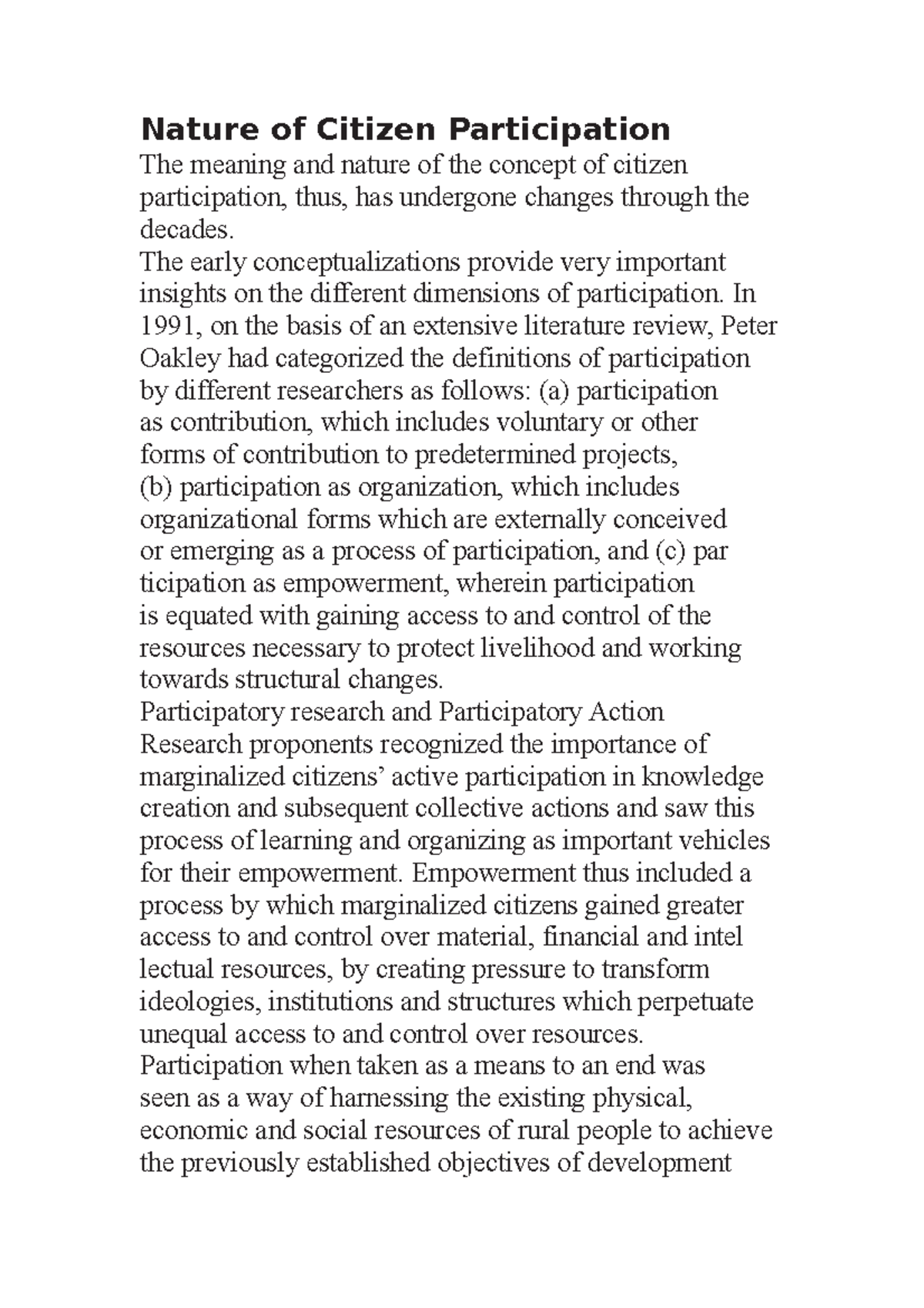 Nature of Citizen Participation - The early conceptualizations provide ...