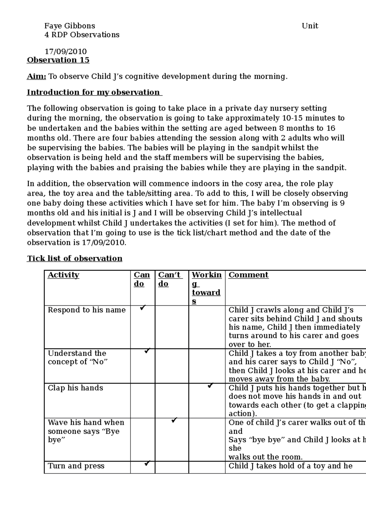 Observation 15 - 17/09/ Observation 15 Aim: To observe Child J’s ...