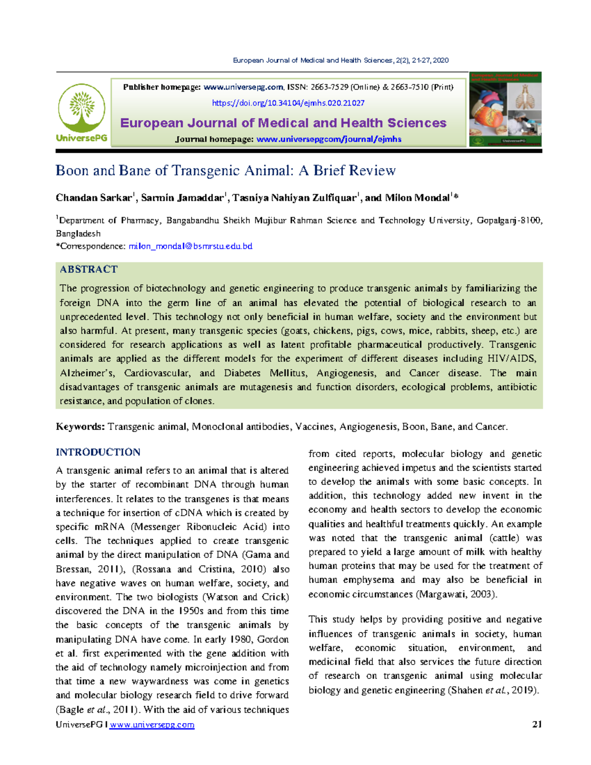 Boon and bane of transgenic animal a brief review - Boon and Bane of ...