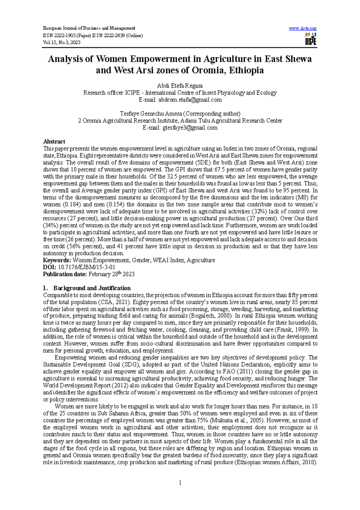 Analysis of Women Empowerment in Agriculture in East Shewa and West ...