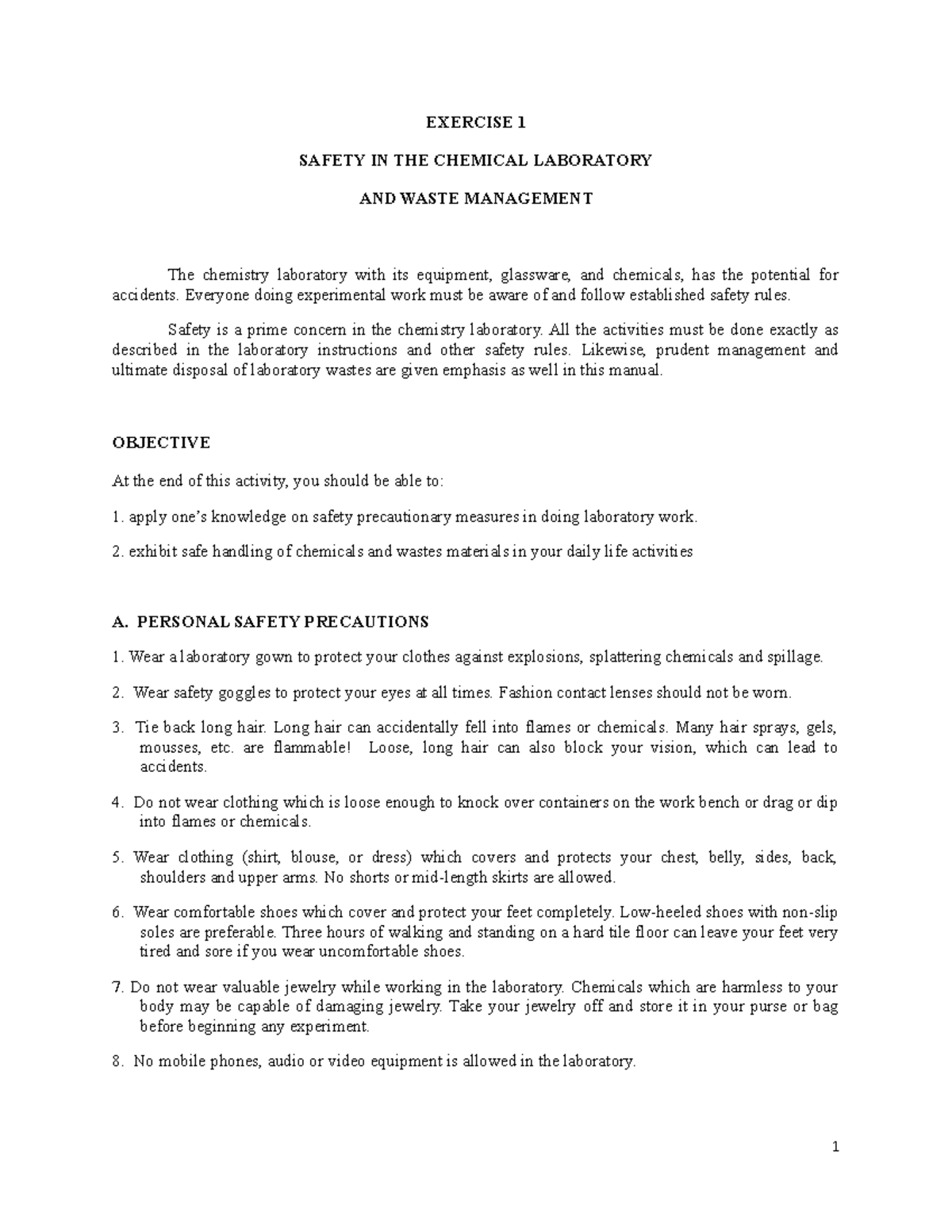 Safety in the Chemical Laboratory - EXERCISE 1 SAFETY IN THE CHEMICAL ...