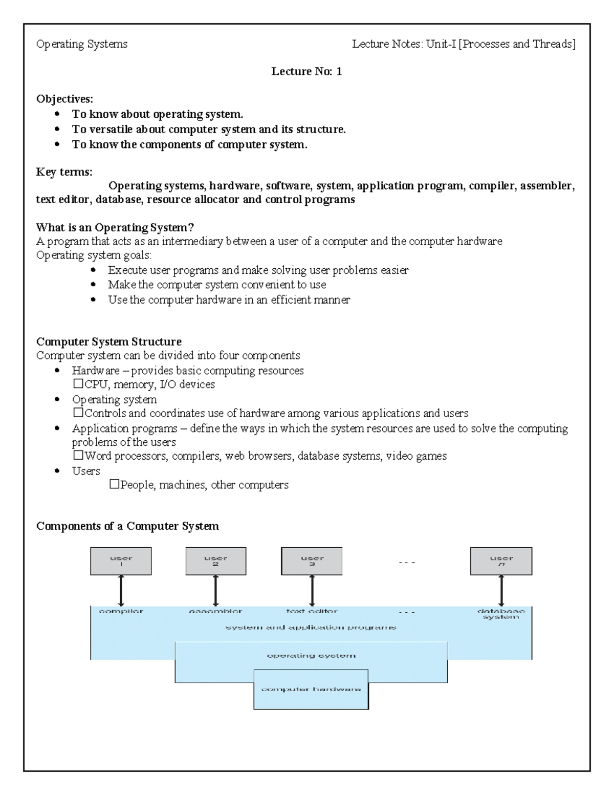 118192427 Operating Systems Lecture Notes Lecture No 1 Objectives